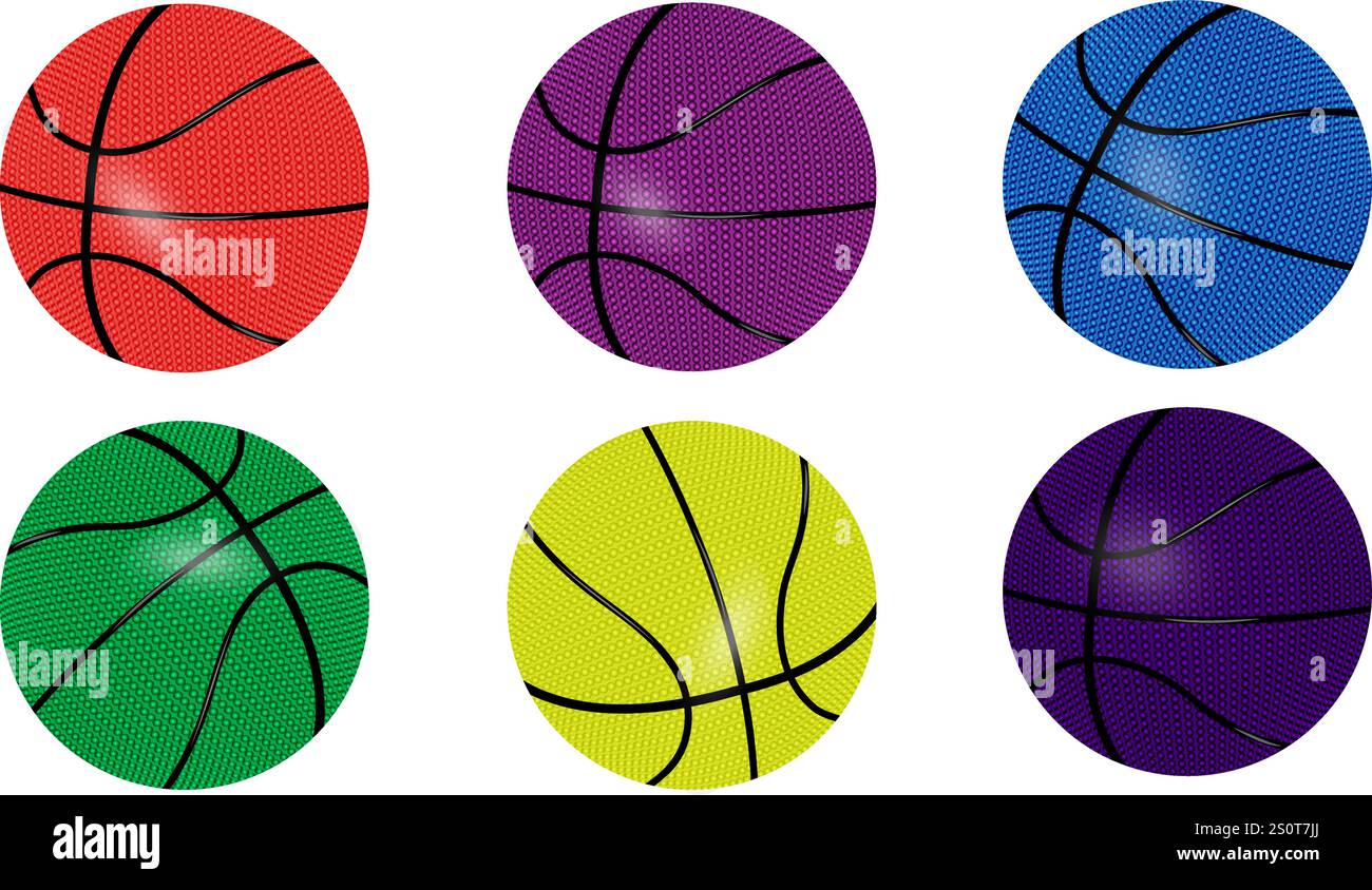 Basketball balls set of six with red purple green yellow blue Stock ...