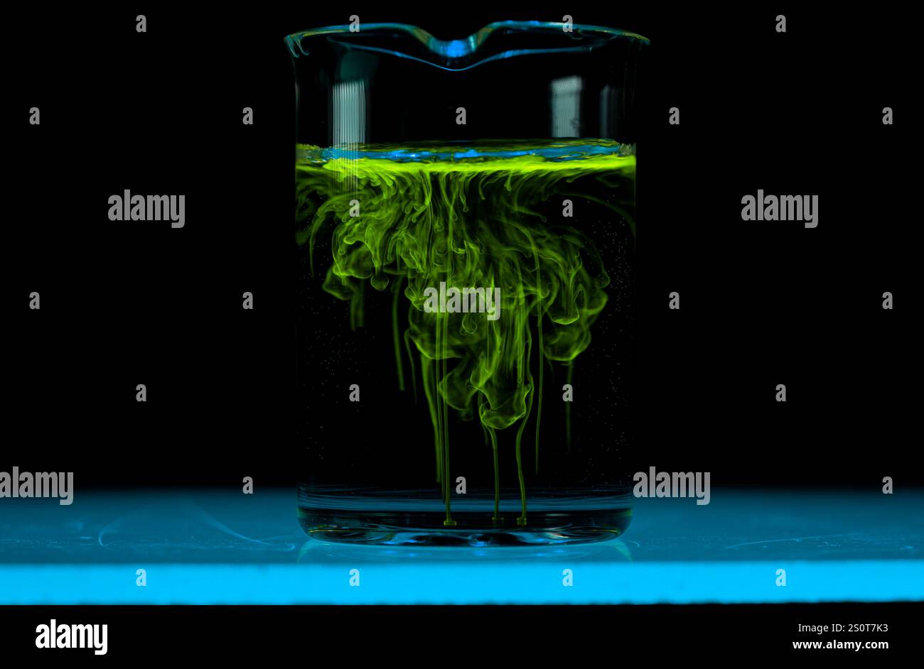 Dissolution and spread of a yellow substance in a flask with a clear ...