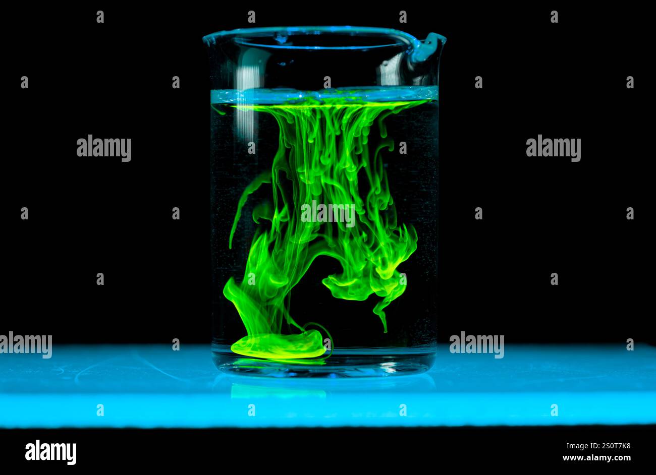 Dissolution and spread of a green substance in a flask with a clear ...