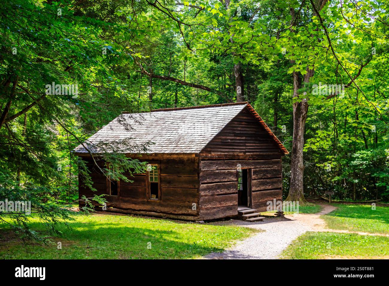 A small, old log cabin sits in a wooded area. The cabin is surrounded ...