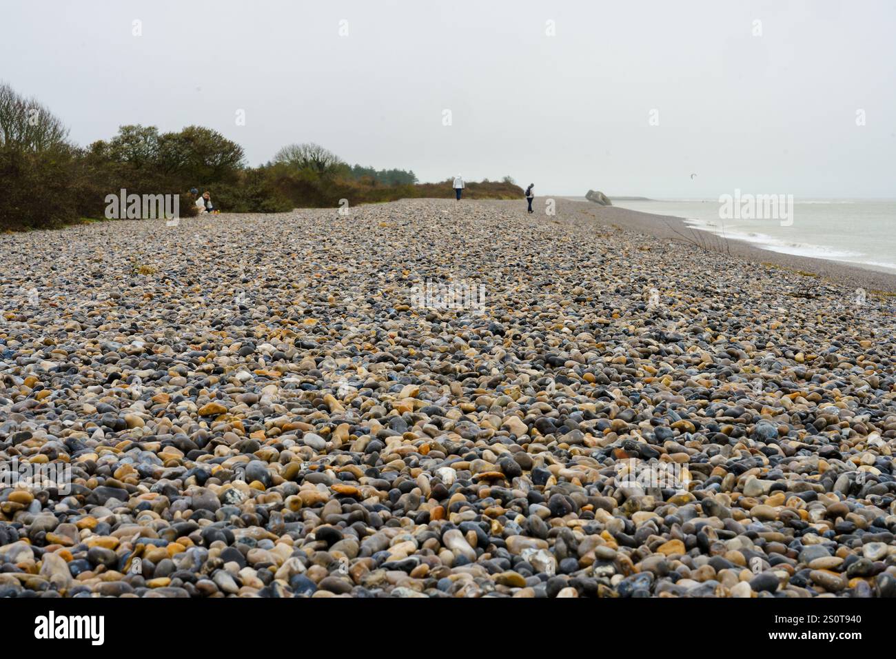 Rocky shoreline at a grey and overcast day with visitors exploring the ...