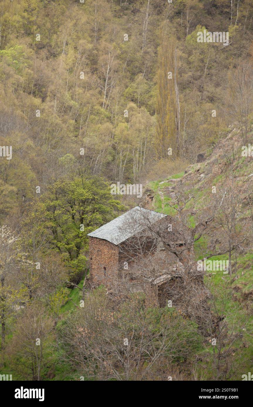 Tavascan river. Traditional Bordas and pasture areas. Pallars Sobira ...