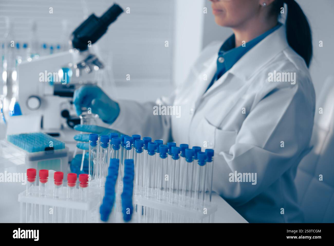 A scientist is meticulously analyzing various samples under a ...