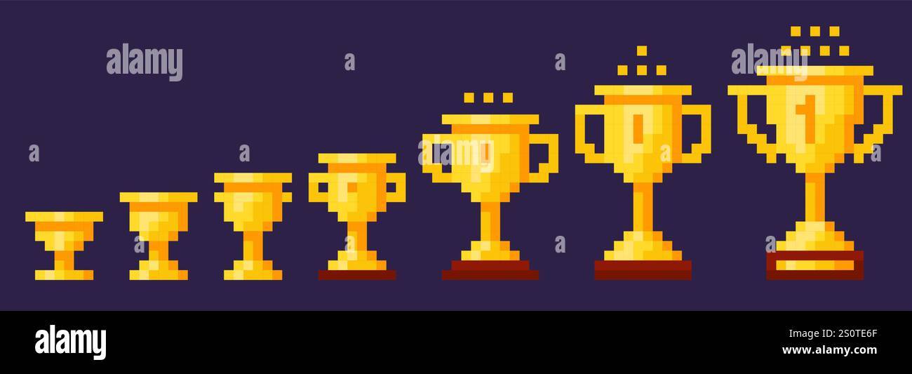 Pixel golden trophy animation. Gradual upgrade of winner cup. Retro 8 ...