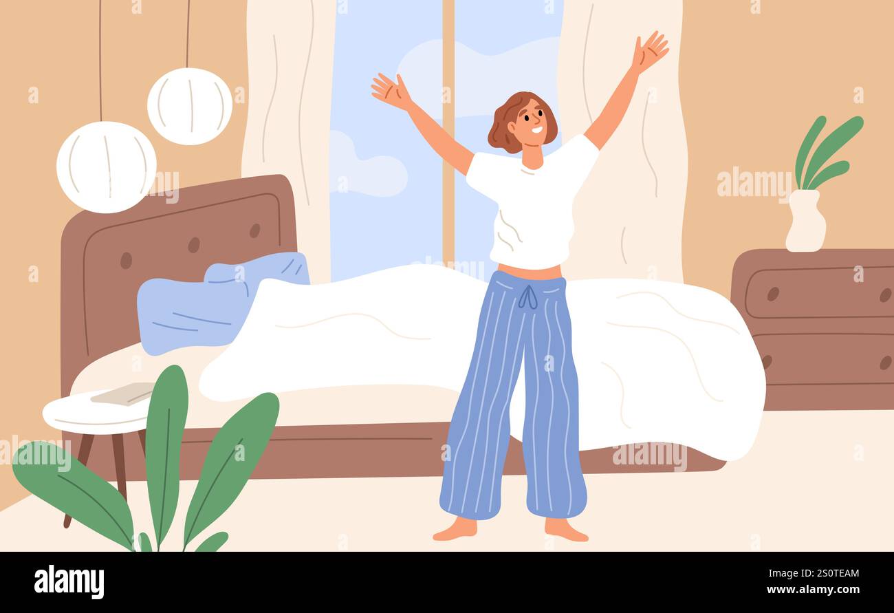 Morning awakening. Woman in pajamas. Cozy bedroom interior. Healthy ...