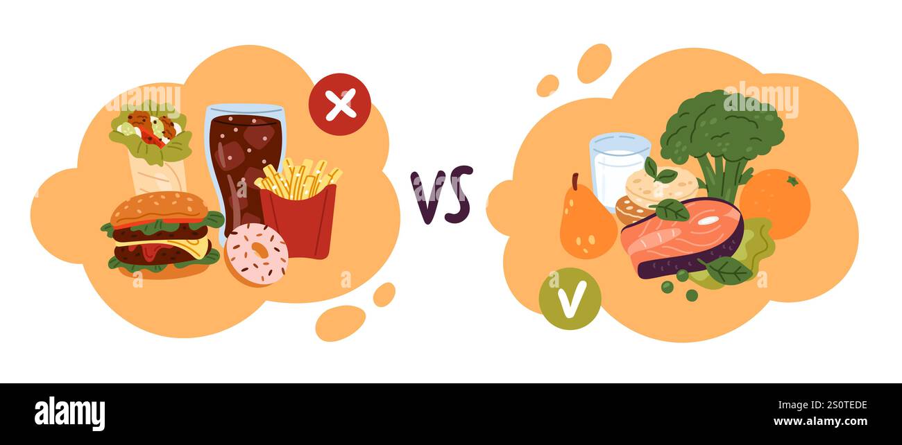 Healthy vs fastfood. Juxtaposition of junk and fresh meal. Nutritional ...