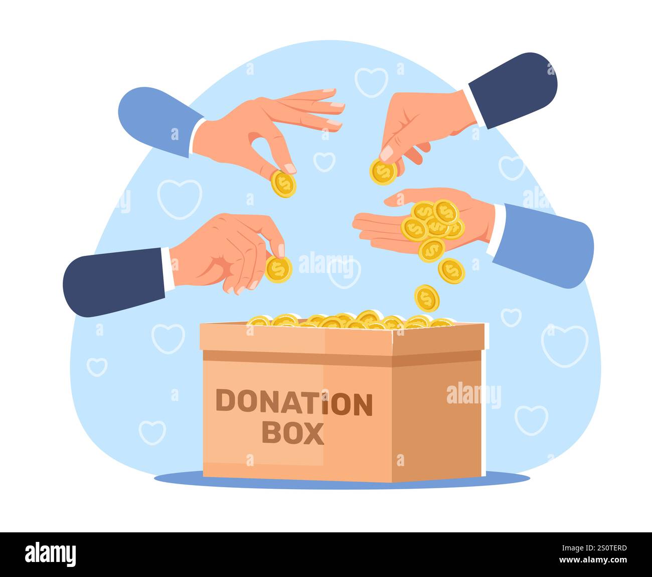 Cartoon fundraising process. Hands collect coins in donation box ...