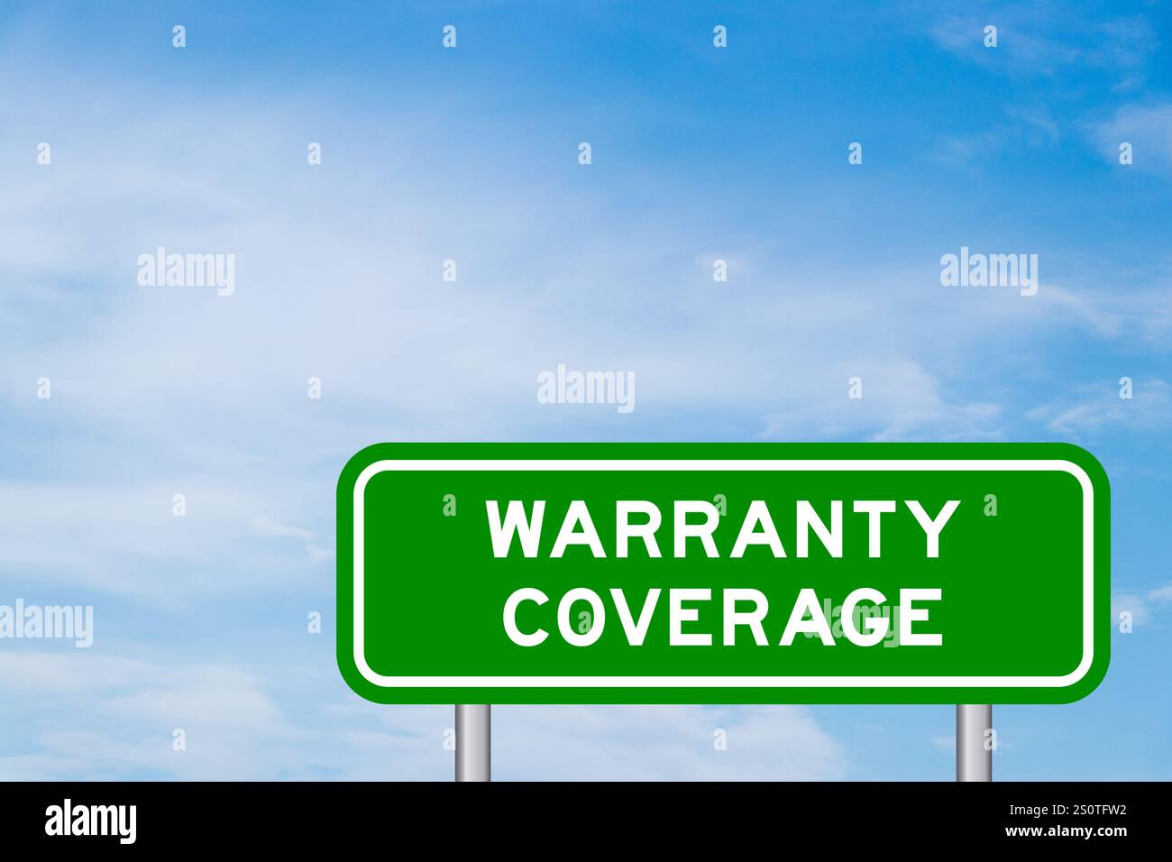 Green color transportation sign with word warranty coverage on blue sky ...