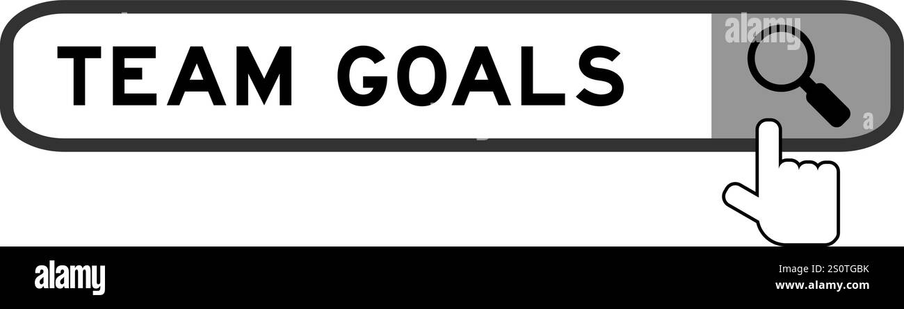 Search banner in word team goals with hand over magnifier icon on white ...