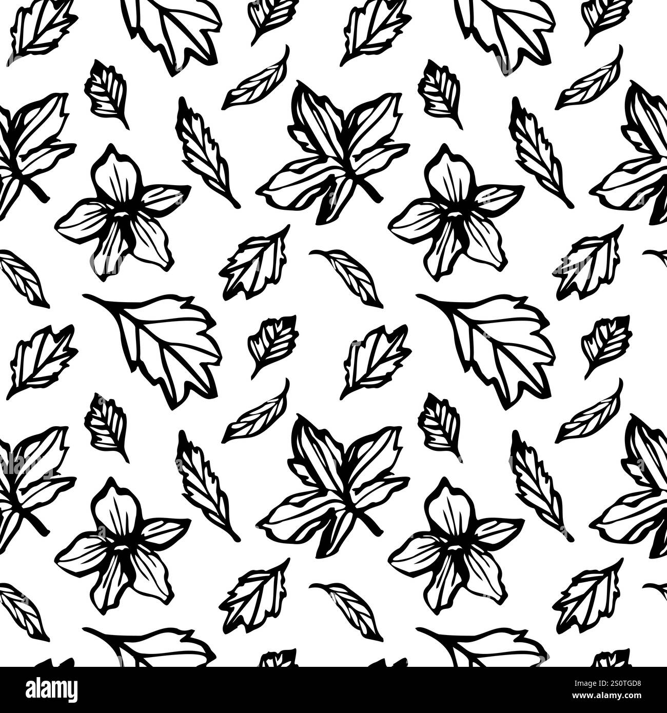 Monochrome seamless vector design with floral line art, depicting hand ...