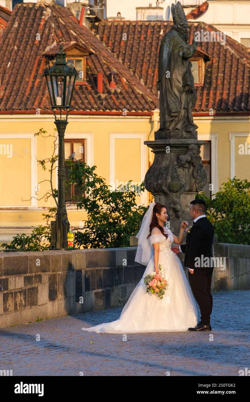Asian Couple Posing for Wedding Pictures, Charles Bridge, Prague, Czech ...