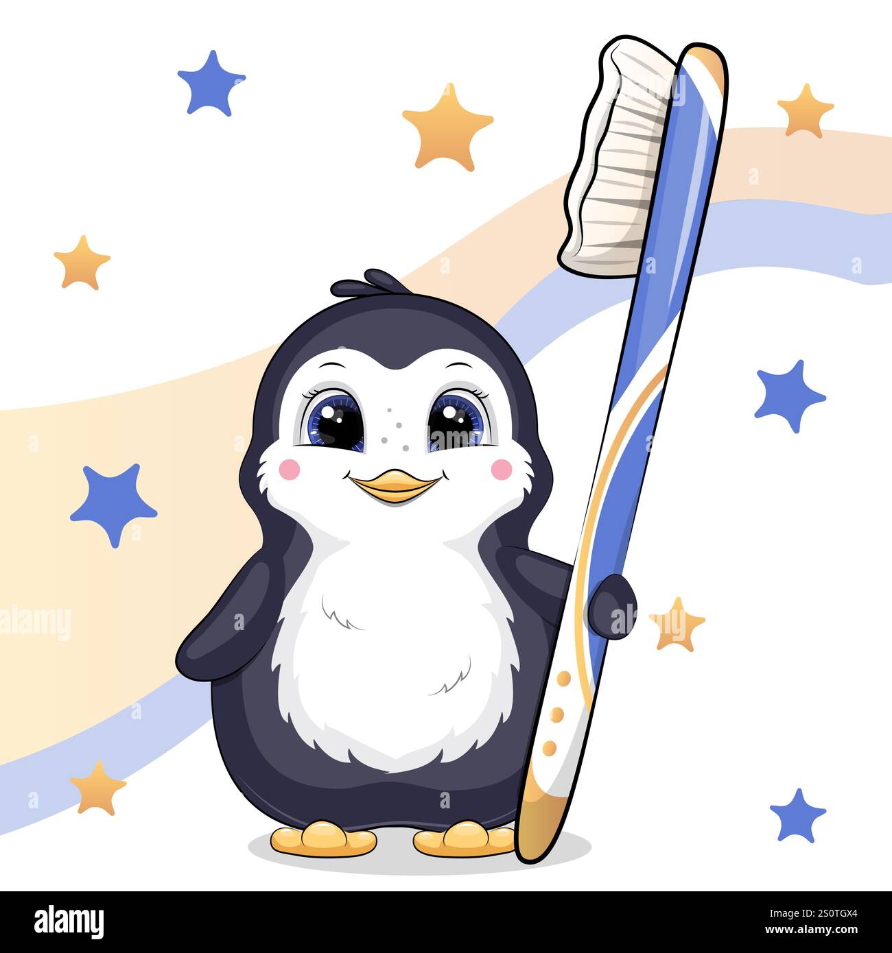 A cute cartoon penguin with a big toothbrush. Vector illustration of an ...