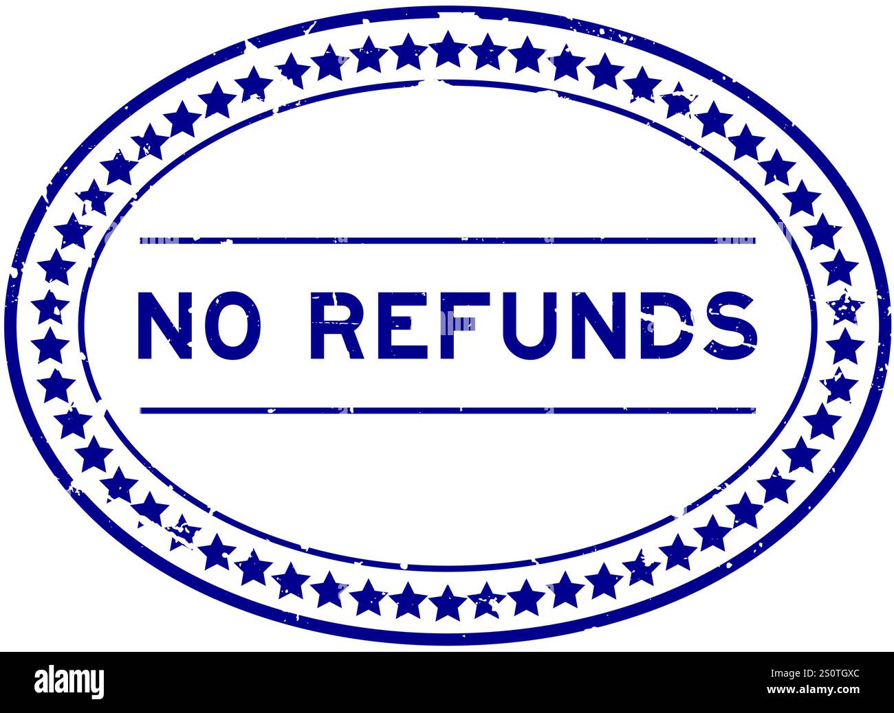 Grunge blue no refunds word oval rubber seal stamp on white background ...
