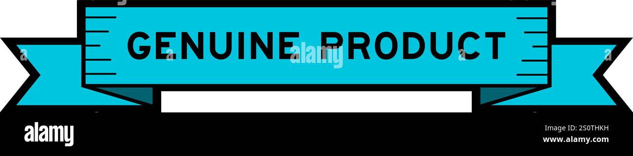 Ribbon label banner with word genuine product in blue color on white ...