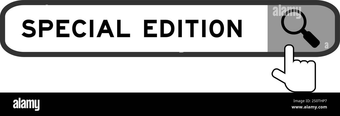 Search banner in word special edition with hand over magnifier icon on ...