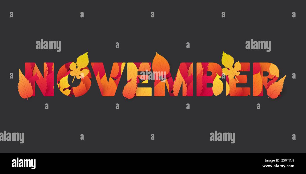 November Typography or Banner Design, Template with Colorful Leaves ...