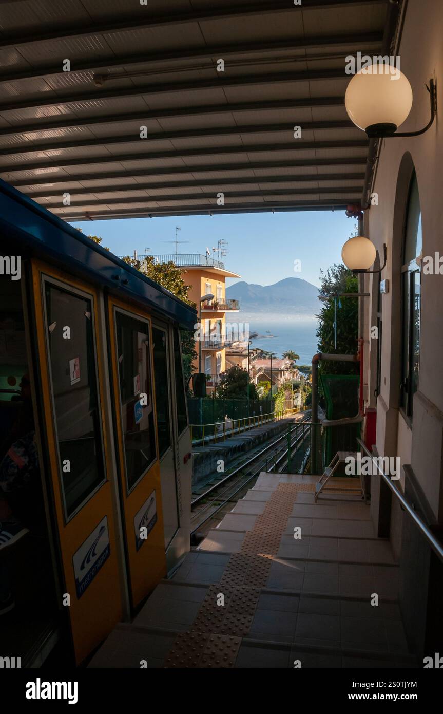 View of Vesuvius from a station of the Mergellina funicular. Naples ...