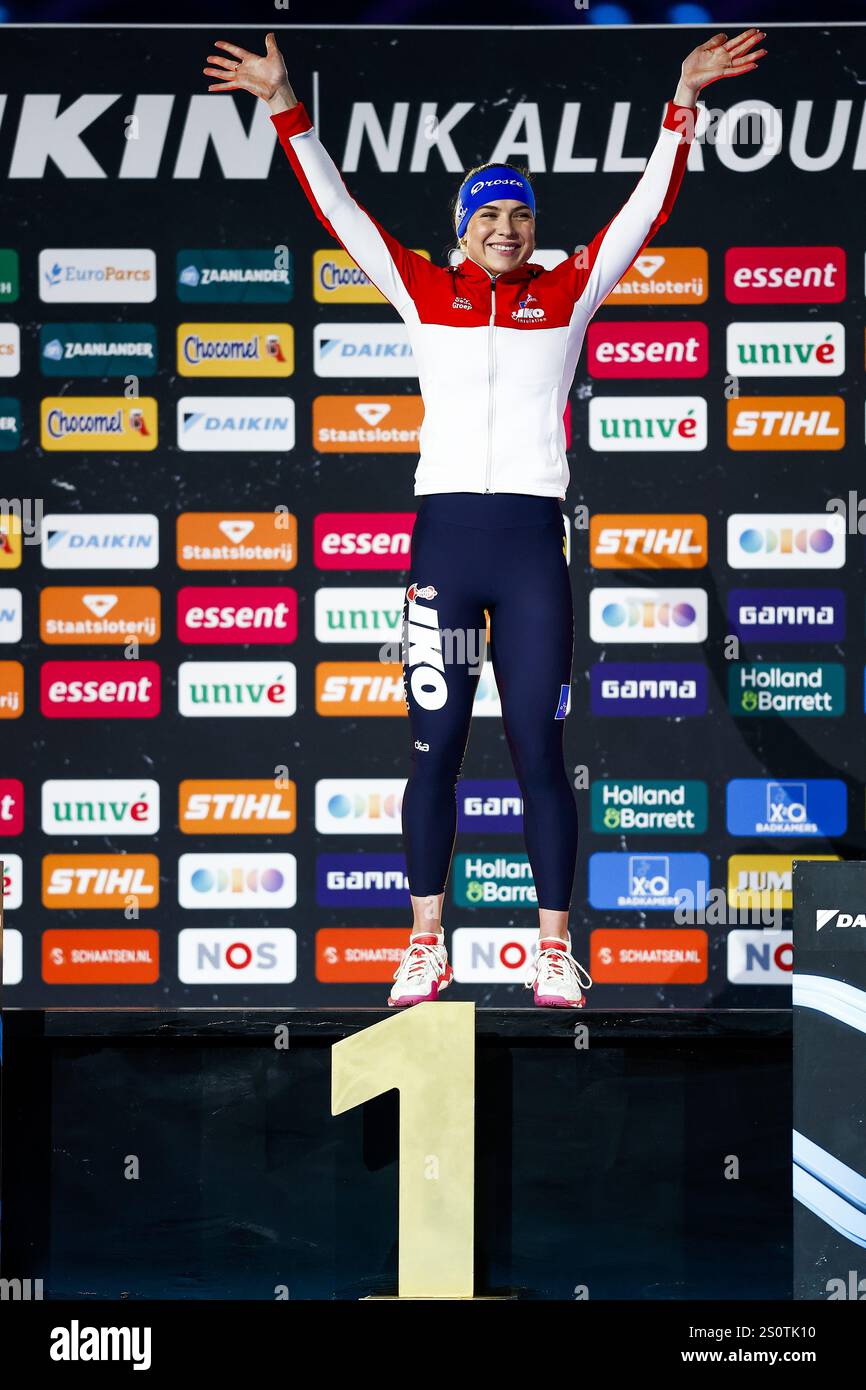 HEERENVEEN - All-round champion Joy Beune on the podium during the ...