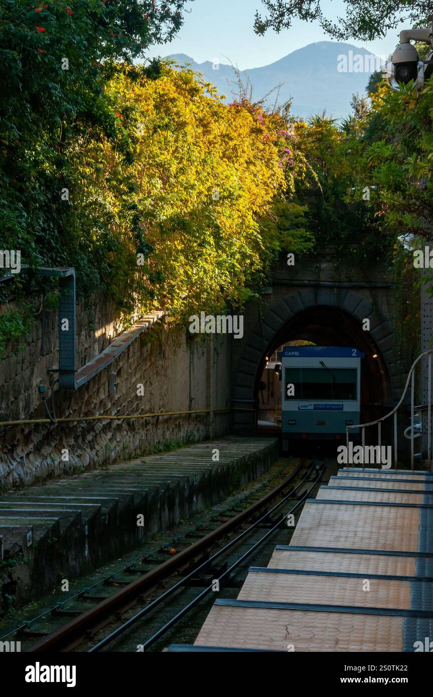 View with stairs of a stop of the historic Mergellina funicular. Naples ...