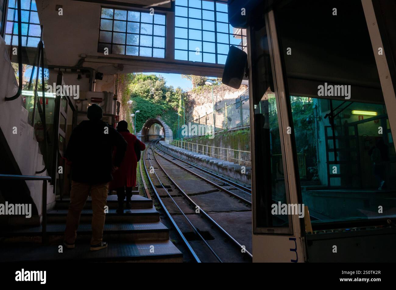 View with stairs of a stop of the historic Mergellina funicular. Naples ...