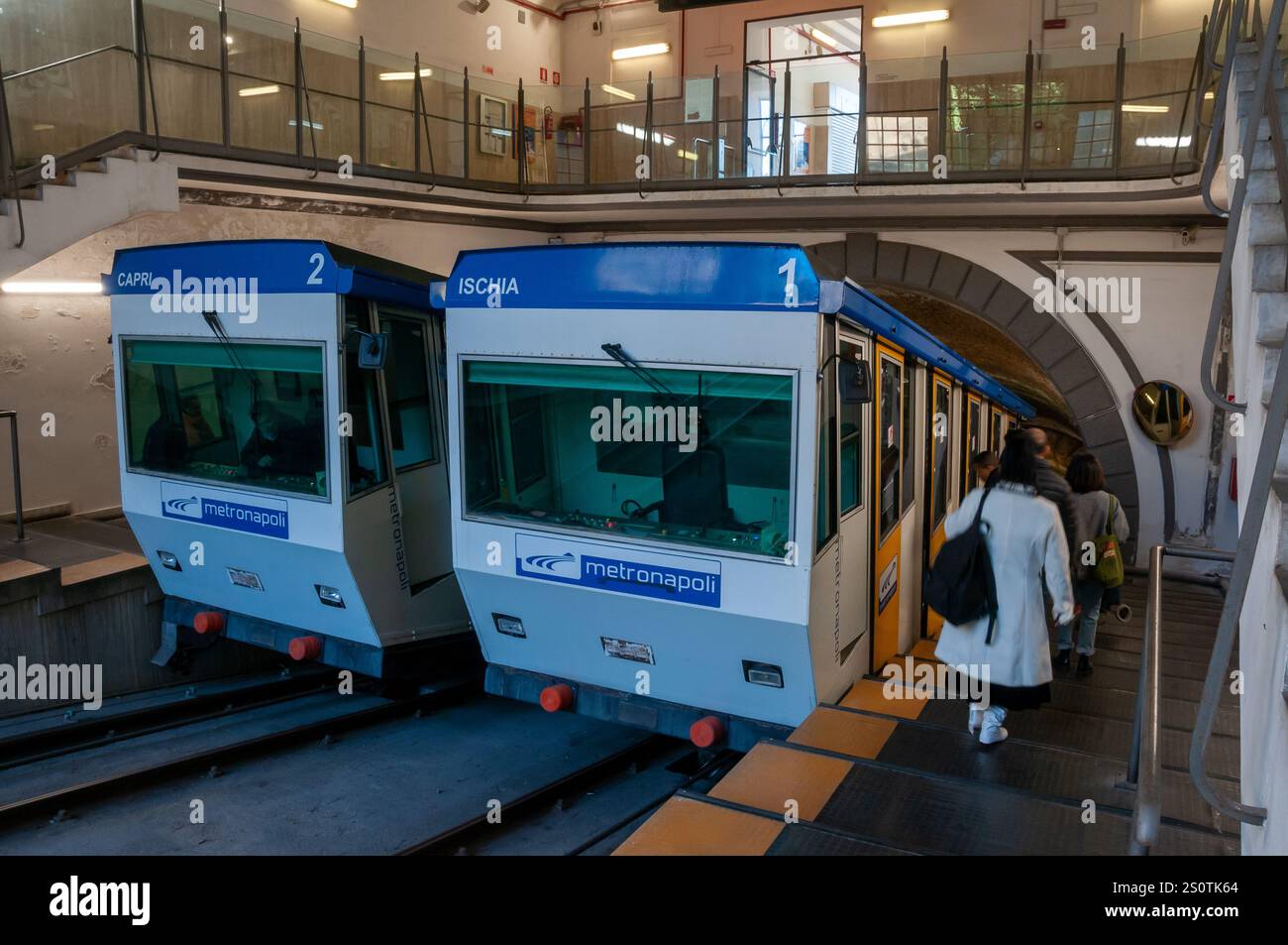 View with stairs of a stop of the historic Mergellina funicular. Naples ...
