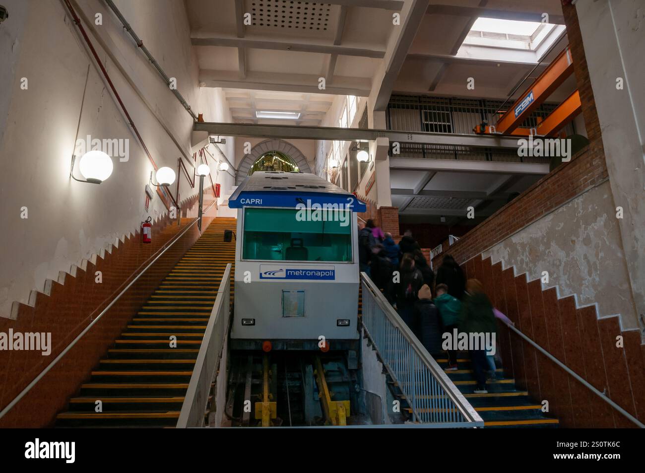 View with stairs of a stop of the historic Mergellina funicular. Naples ...