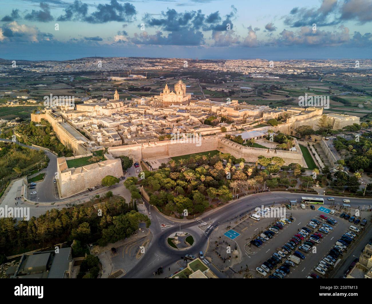 Aerial view of Mdina fortified town in Malta with large ground platform ...