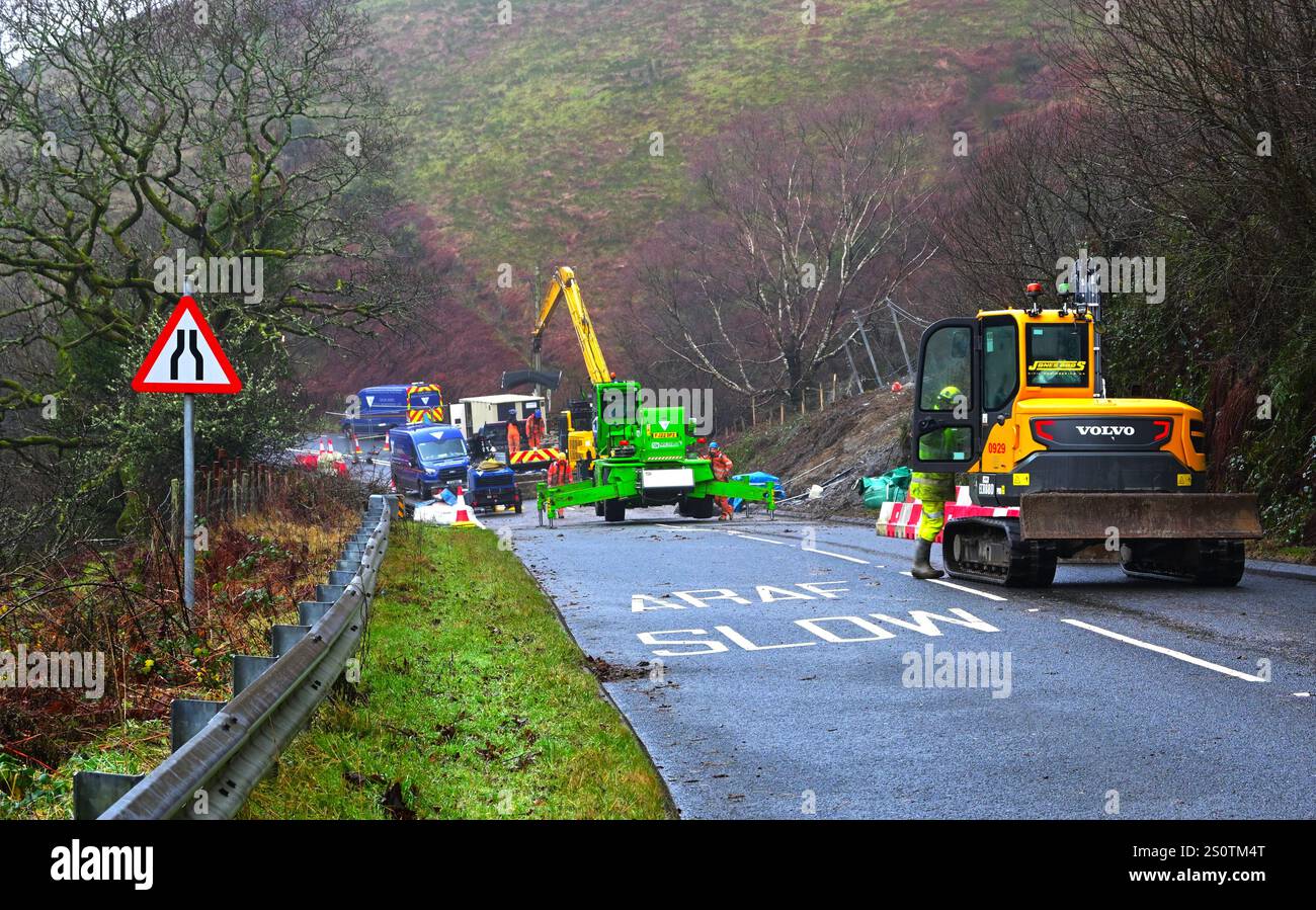Roadworks on a major trunk road in Wales showing men and machinery ...