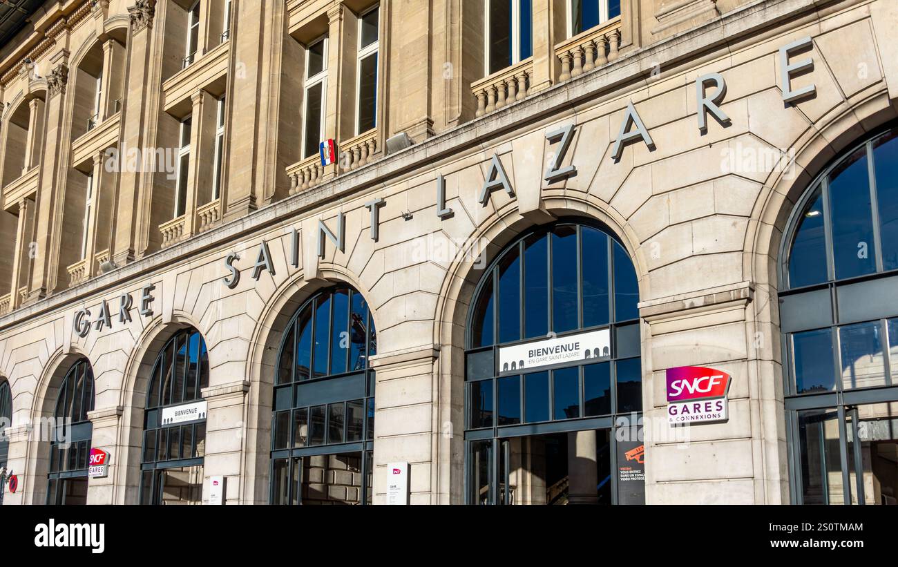 Facade of the Paris-Saint-Lazare train station, also known as Gare Saint-Lazare, one of the six ...