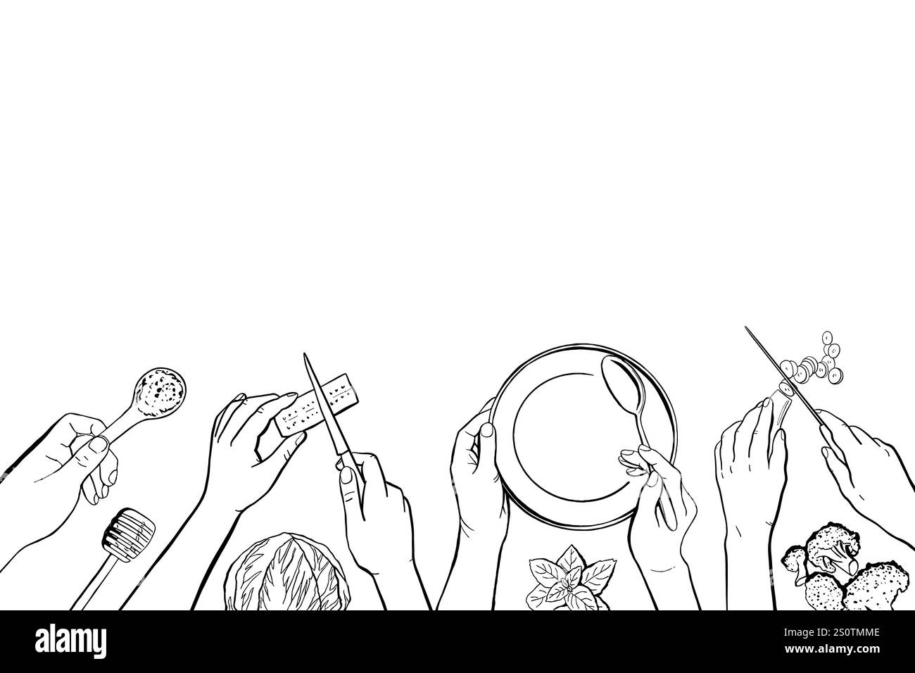 Hands cook food, hand drawn cooking classes template. Cooking process ...