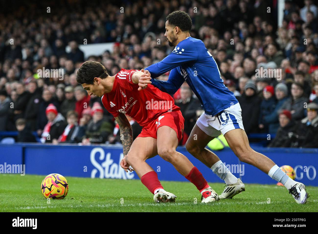 Liverpool, UK. 29th Dec 2024. Nicolas Dom'nguez of Nottingham Forest holds off Iliman Ndiaye of ...