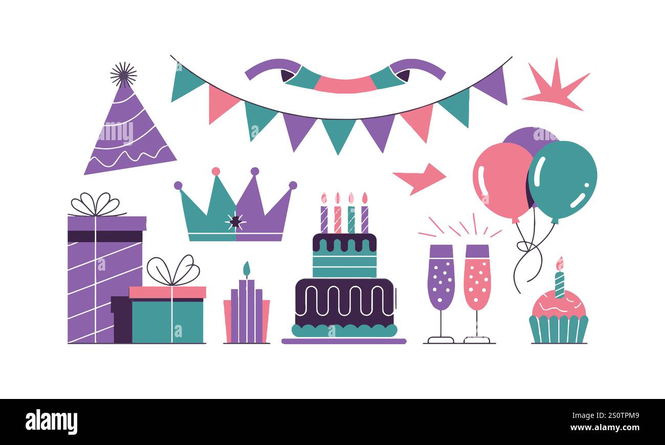 Modern vector style illustration featuring Happy Birthday elements ...