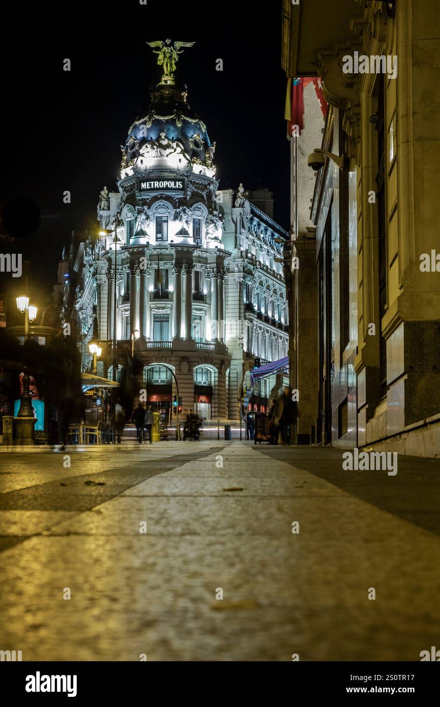 Gran Via and Metropolis building by night. Madrid city. Capital of ...