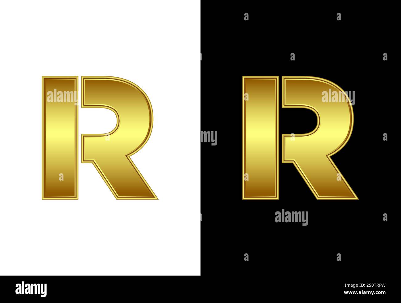 Initial alphabet R in gold color. Graphic alphabet symbol for corporate ...
