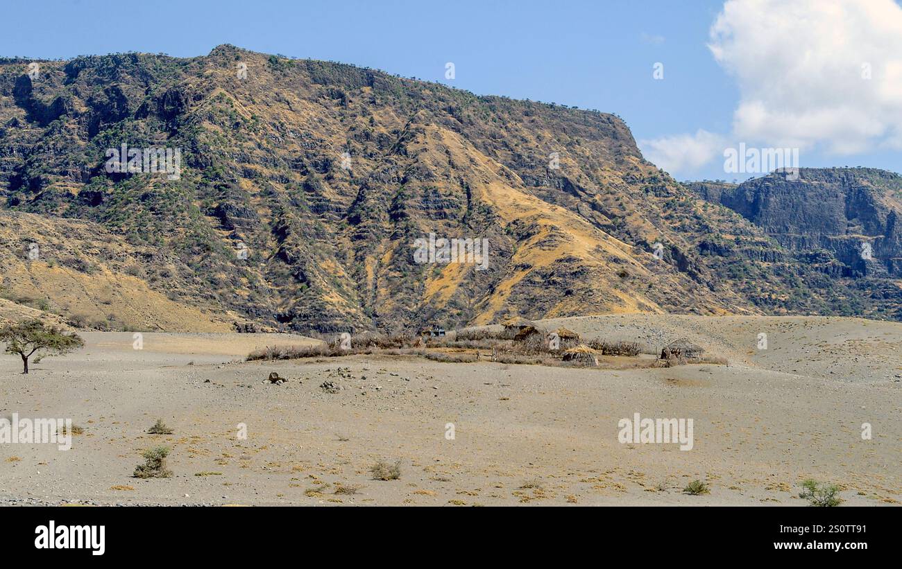 Remote Maasai Village in the arid landscape at Lake natron, northern ...
