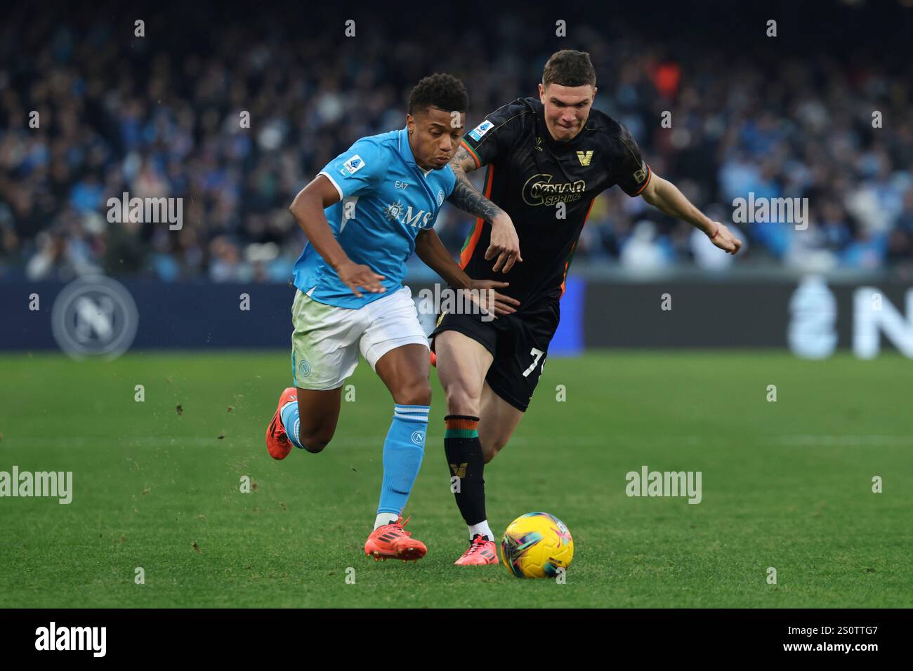 Napoli's David Neres Campos, left, and Venezia's Franco Carboni, right ...