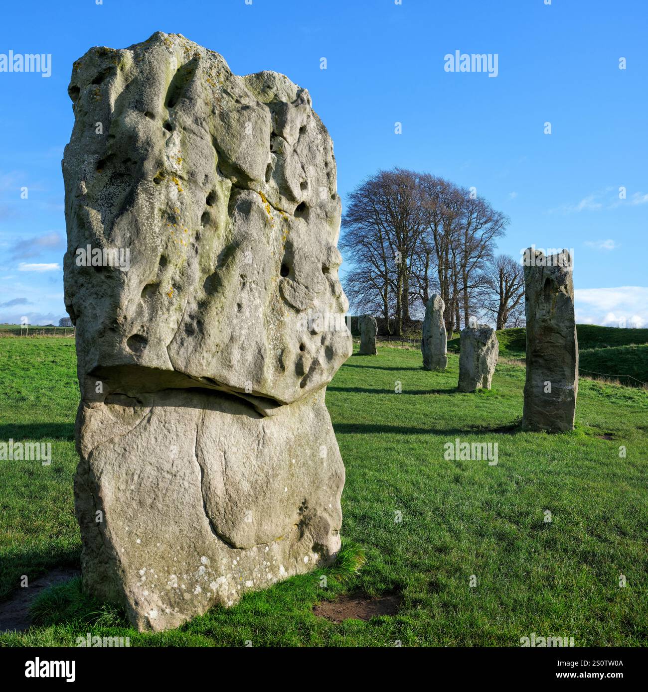 Sarsen standing stones of the outer ring of Avebury neolithic henge and ...