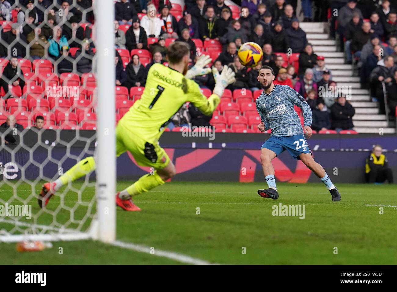 Stoke City goalkeeper Viktor Johansson saves a shot from Sunderland's ...