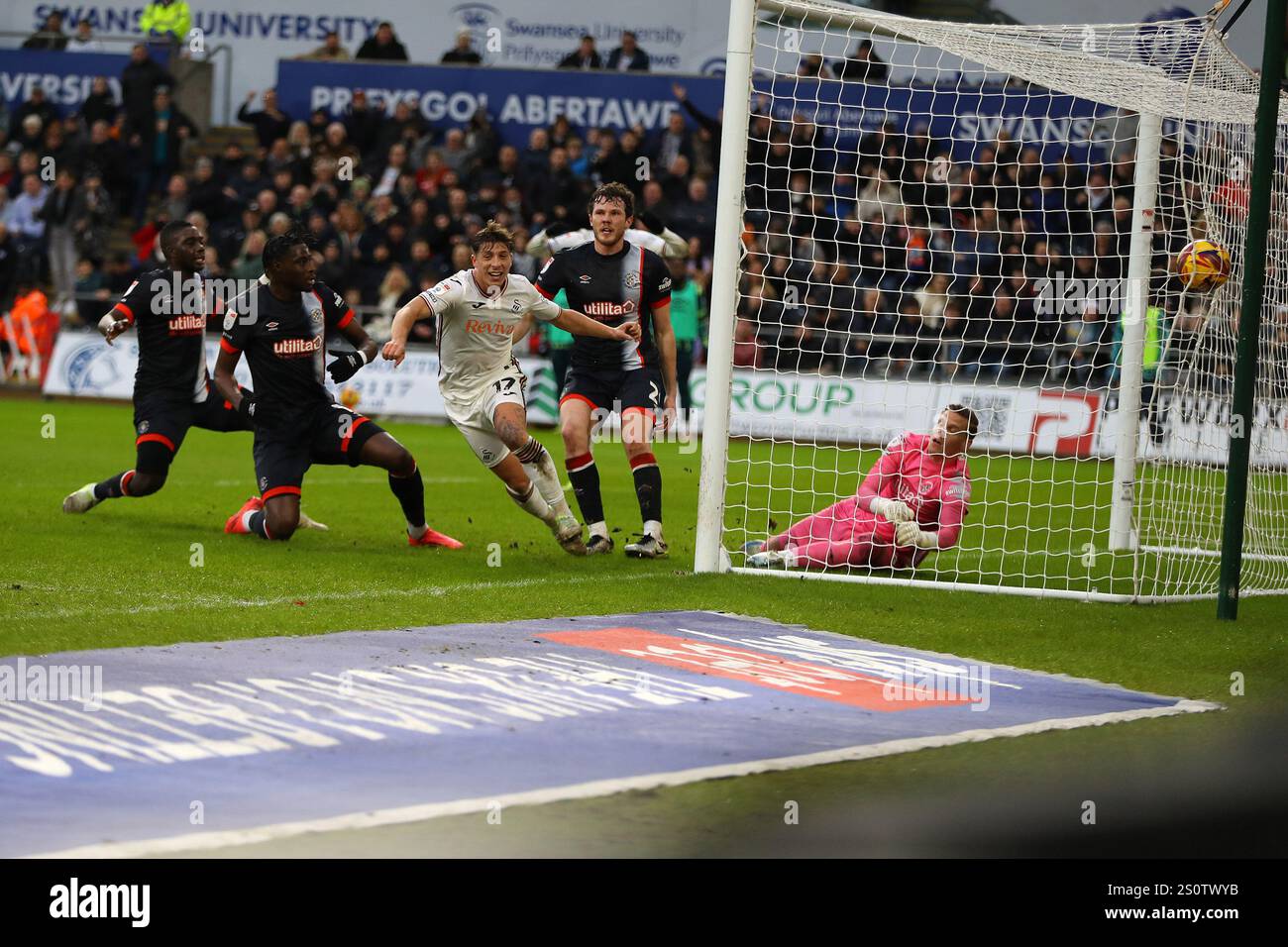 Swansea, UK. 29th Dec, 2024. Goncalo Franco of Swansea city scores his ...