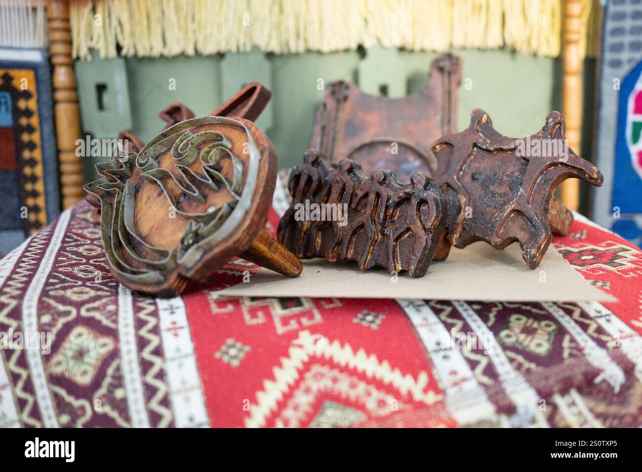 Seki, Azerbaijan. 01st Nov, 2024. Wooden stamps, called galib, are ...