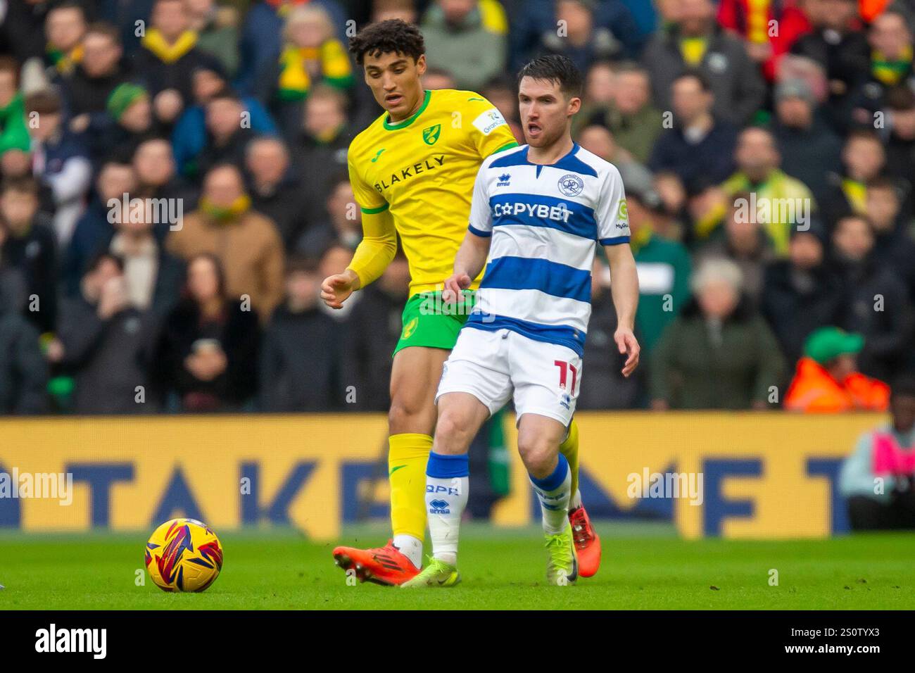Norwich, UK. 29th Dec, 2024. Ben Chrisene of Norwich City puts pressure ...