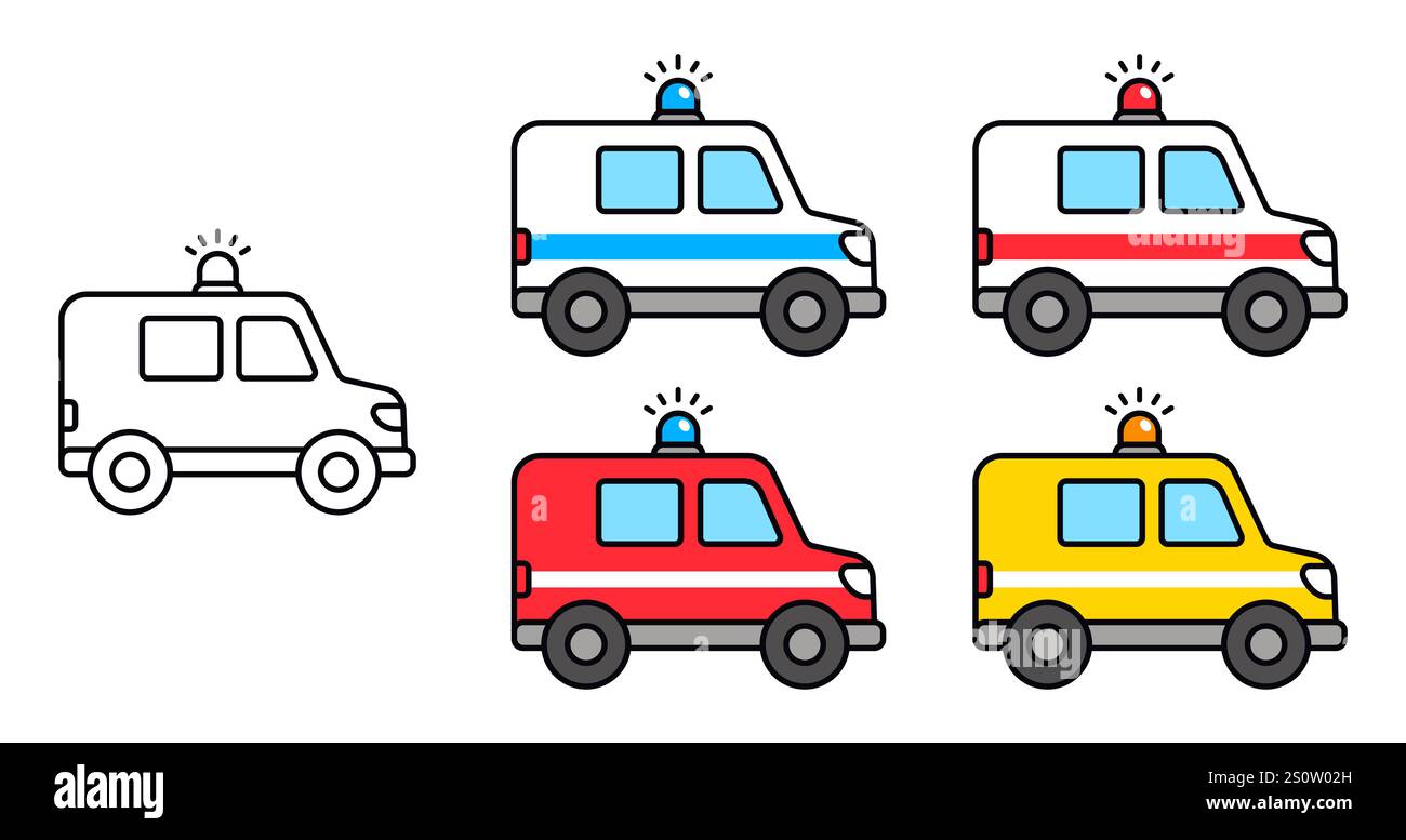 Emergency vans set with flashing roof lights. Ambulance, police, fire ...