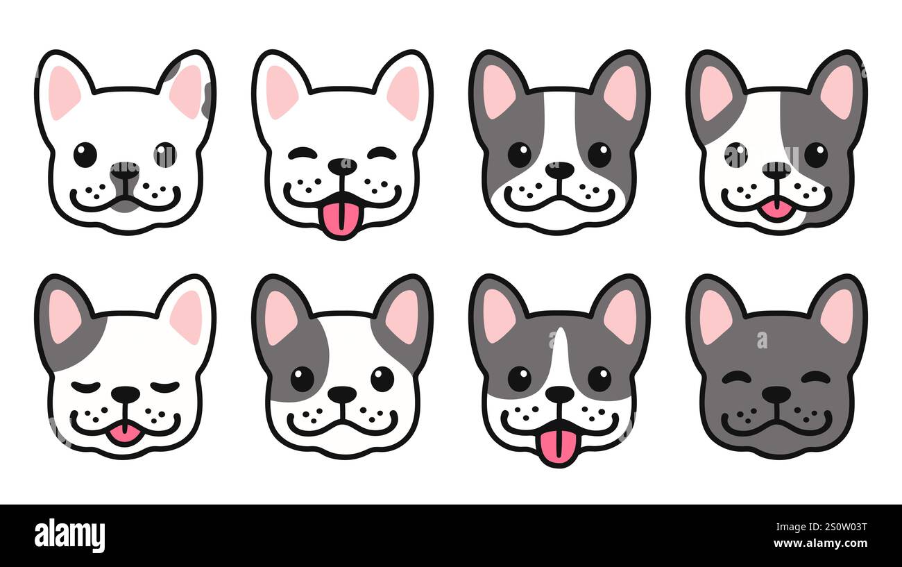 French Bulldog cartoon faces set. Black and white color, different ...