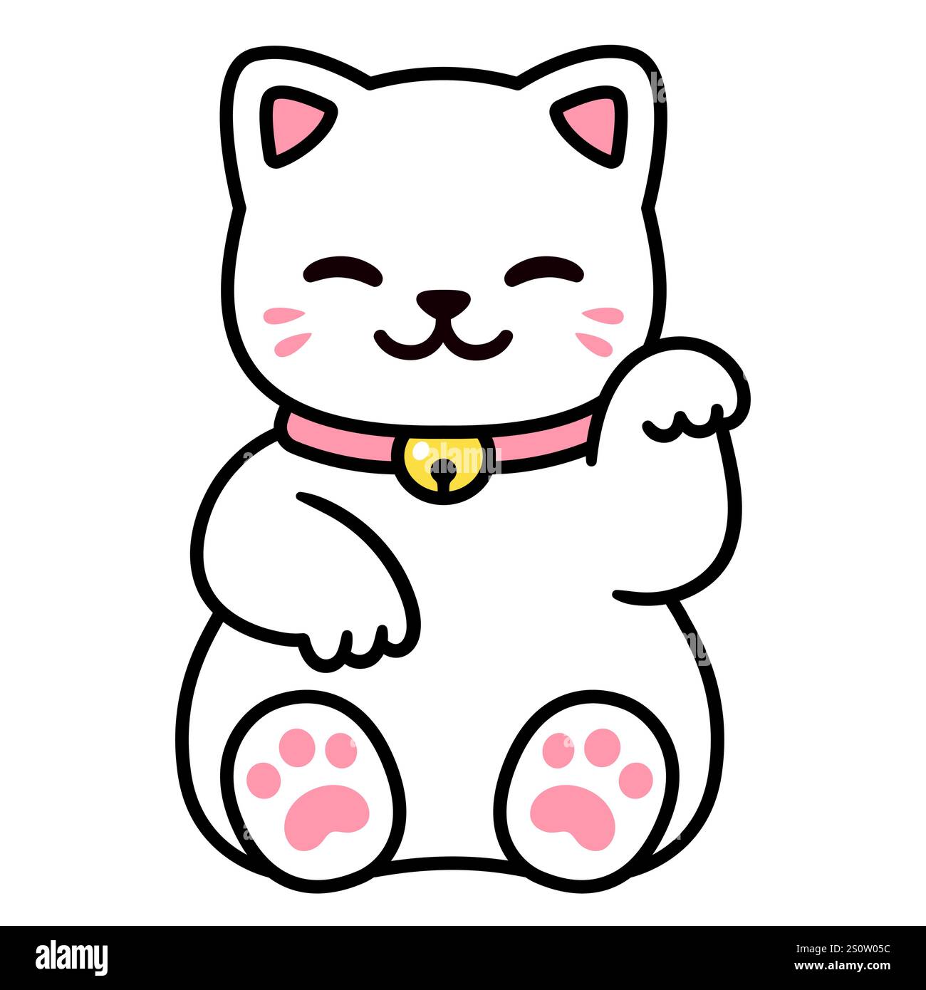 Cute cartoon white Maneki Neko, Japanese lucky cat. Kawaii sitting kitty drawing. Isolated ...
