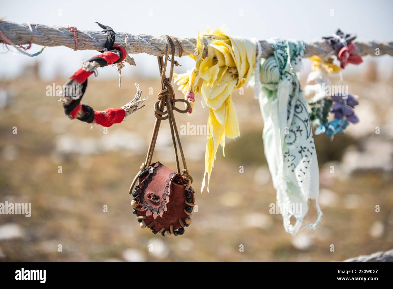 Prayer offerings hang from the post and rope fence surrounding the ...