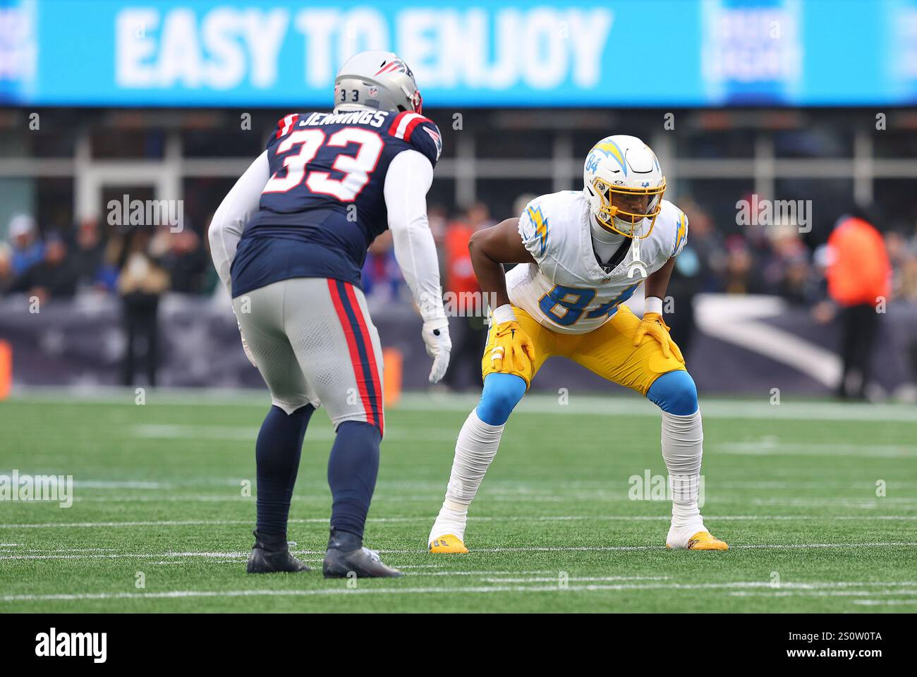 December 28, 2024; Foxborough, MA, USA; Los Angeles Chargers tight end ...