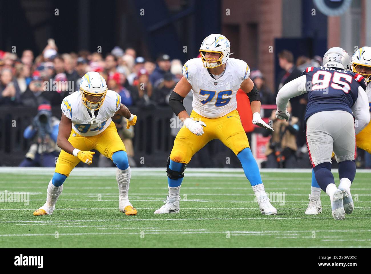 December 28, 2024; Foxborough, MA, USA; Los Angeles Chargers offensive ...