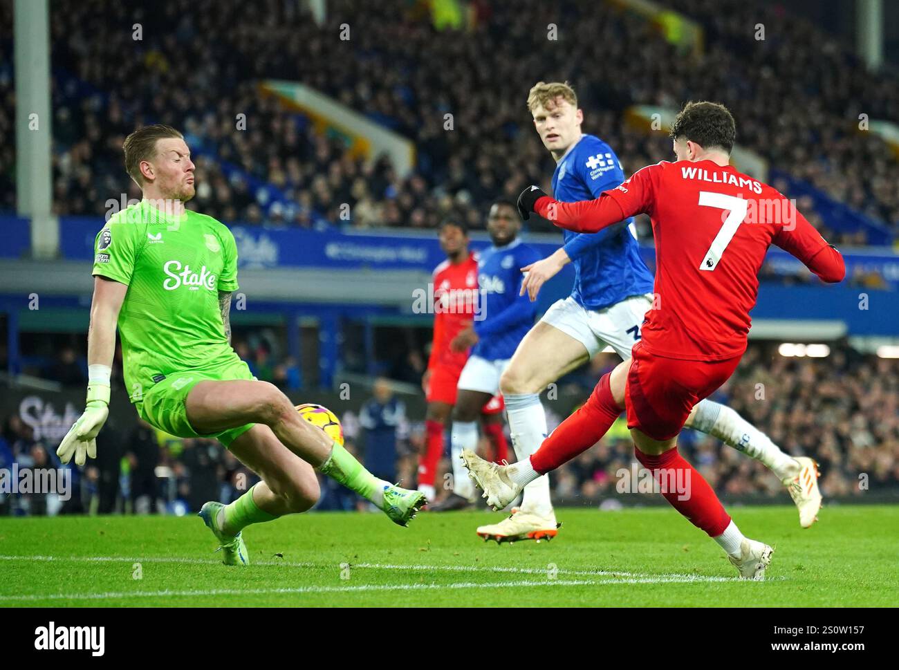 Everton goalkeeper Jordan Pickford saves a shot from Nottingham Forest ...