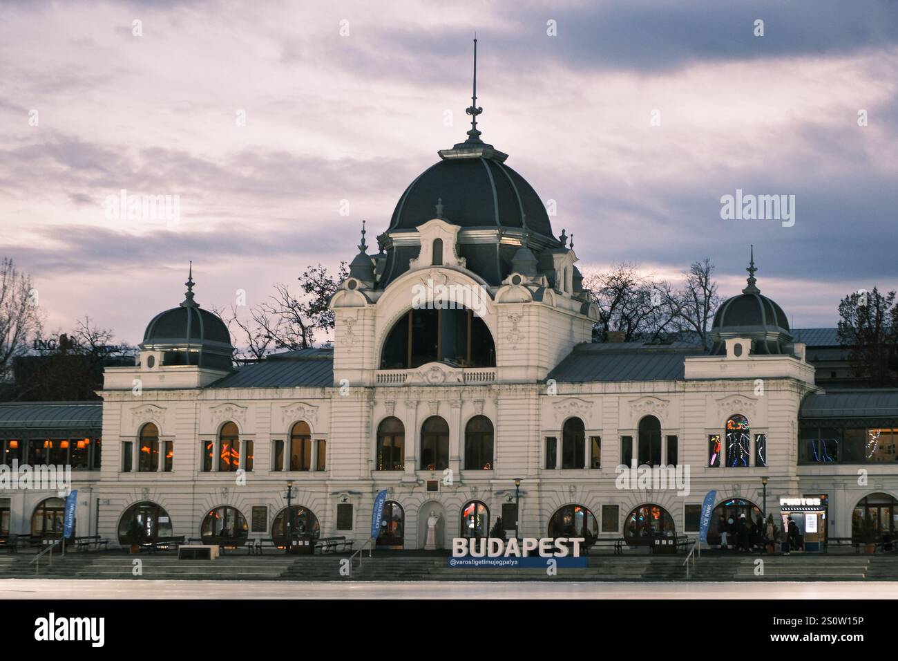 White building of Városliget Café at city park lake (Hungarian: Varosliget Tó) in Budapest ...