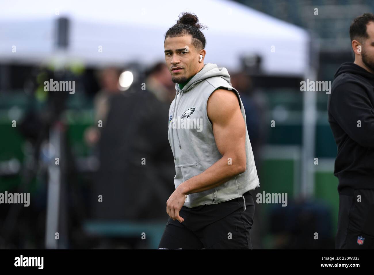 Philadelphia Eagles safety Sydney Brown looks on during pre-game warm ...